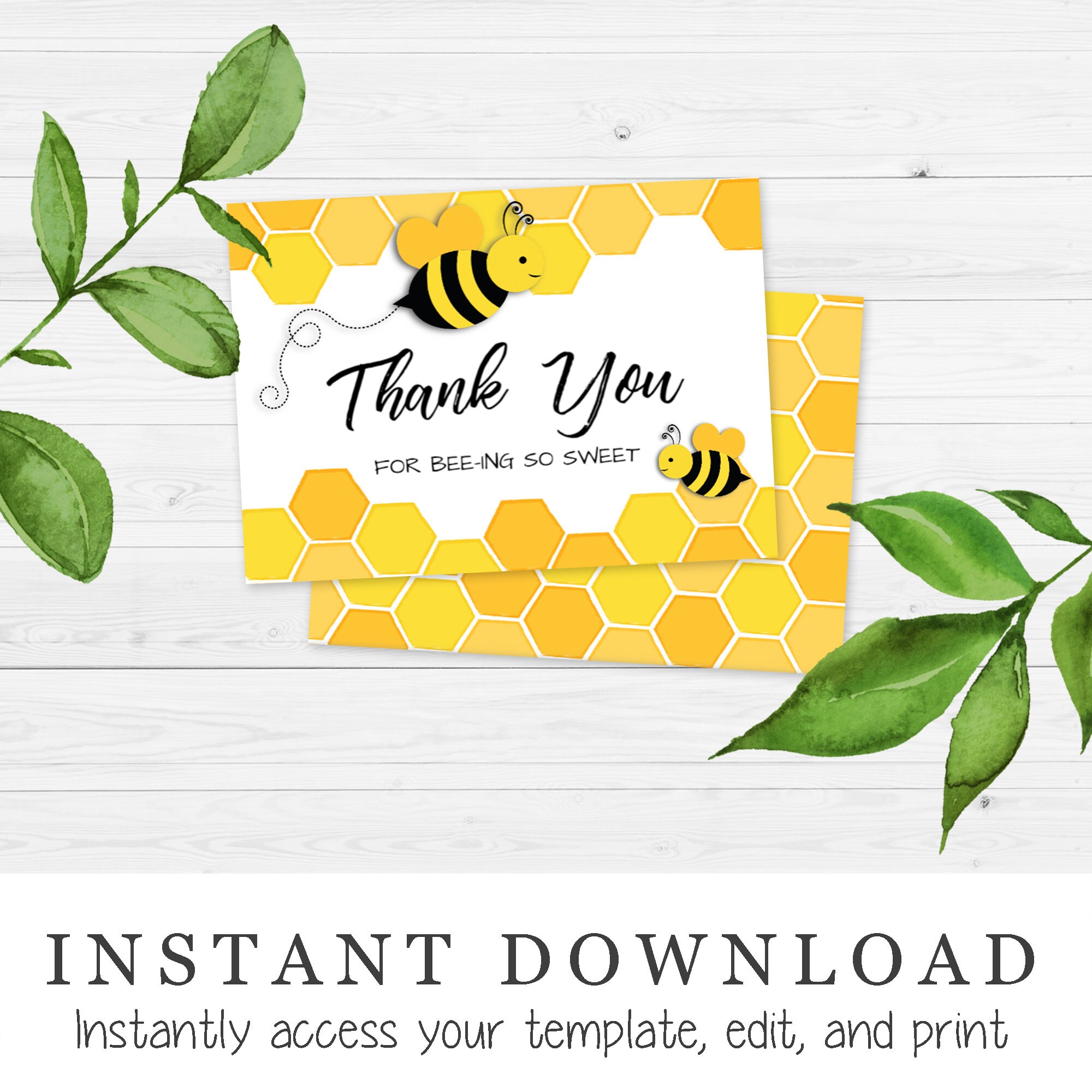 Honey Bee Bee-day Thank You Card | Editable Templett Digital Download ...