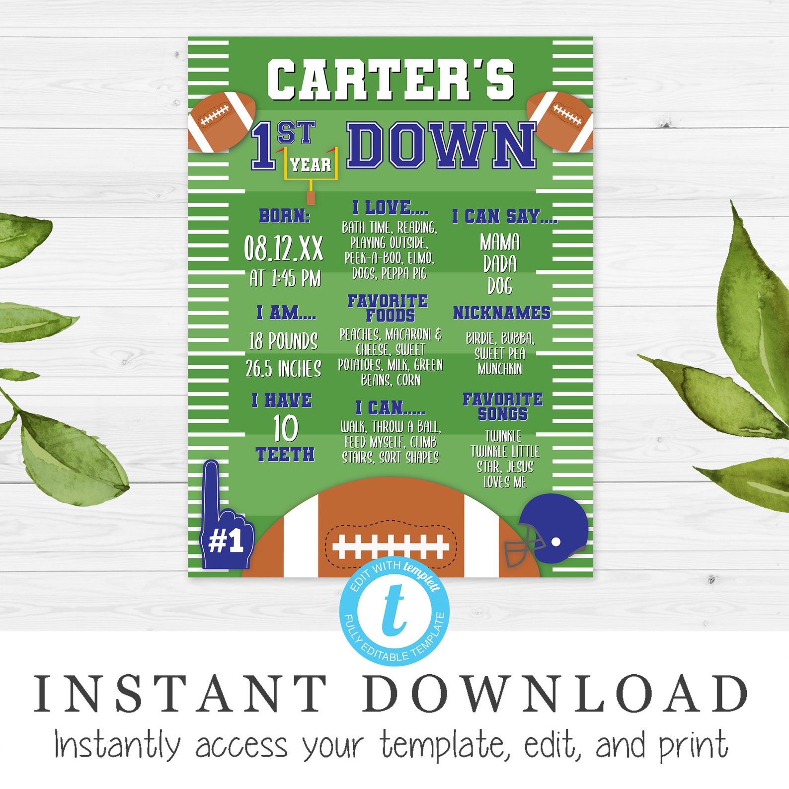 First Year Down Football Theme Boys First Birthday Milestone - Etsy