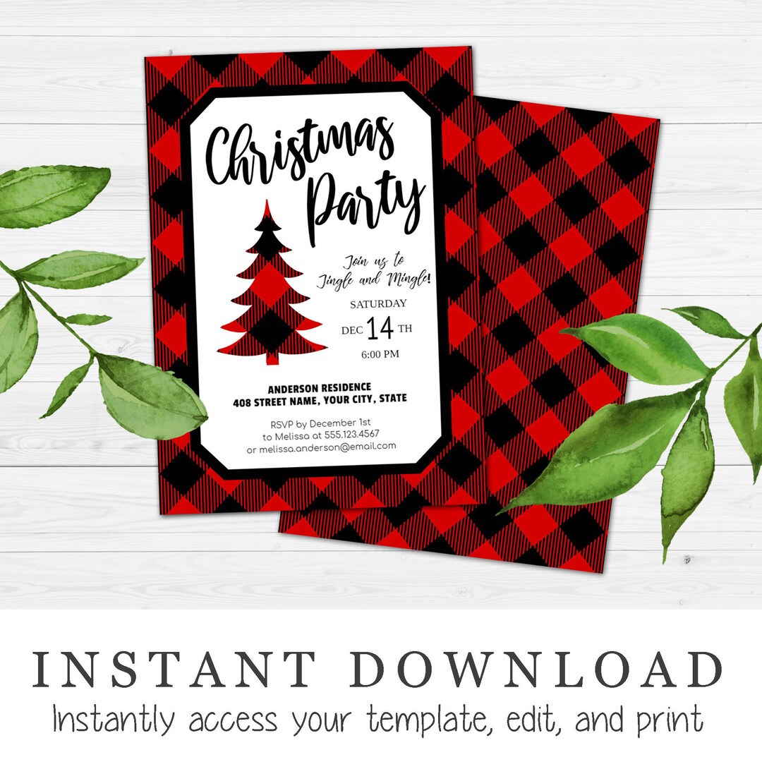Red and Black Buffalo Plaid Farmhouse Christmas Party Invitation ...