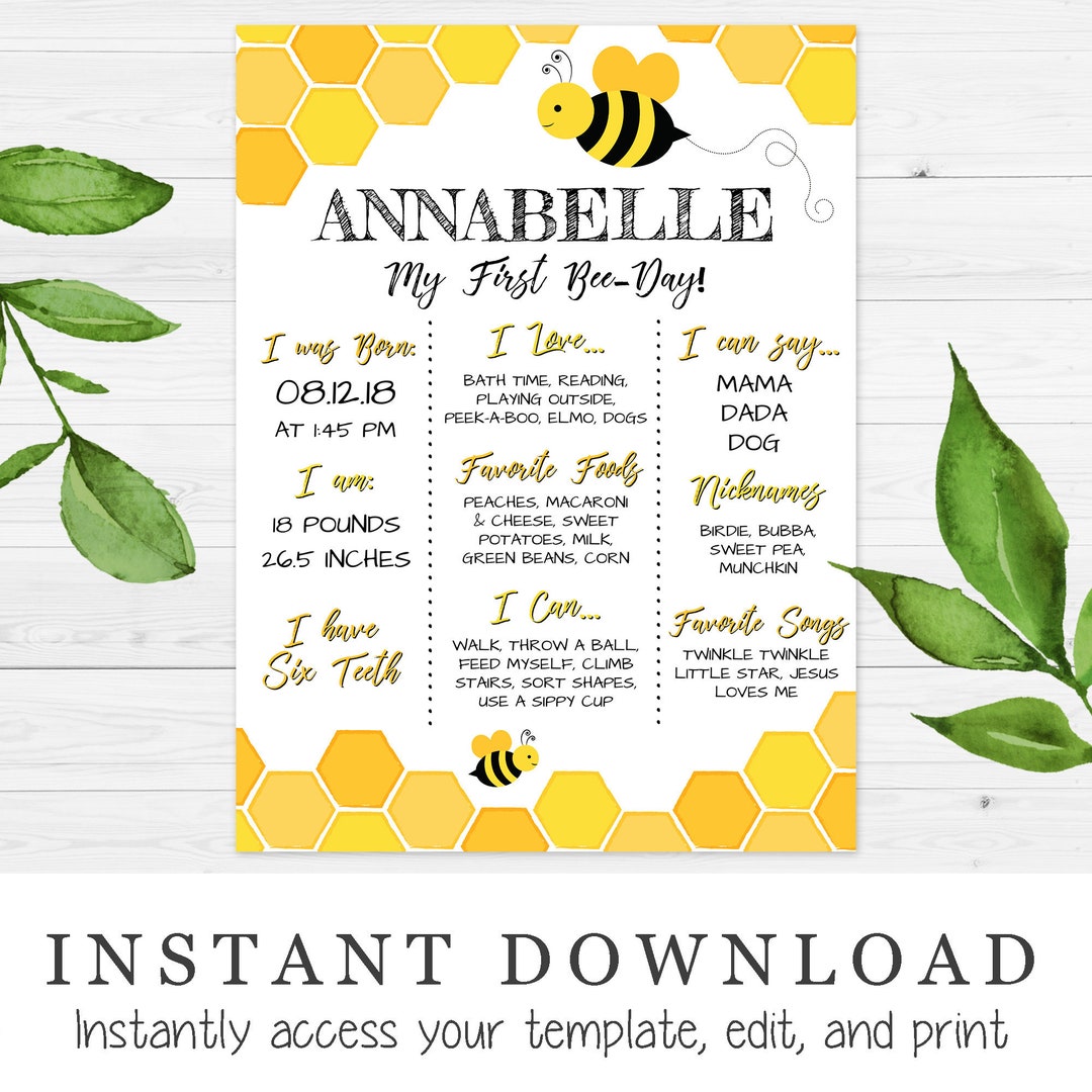 Honey Bee Theme Bee Day First Birthday 8x10 Milestone Sign | Editable ...