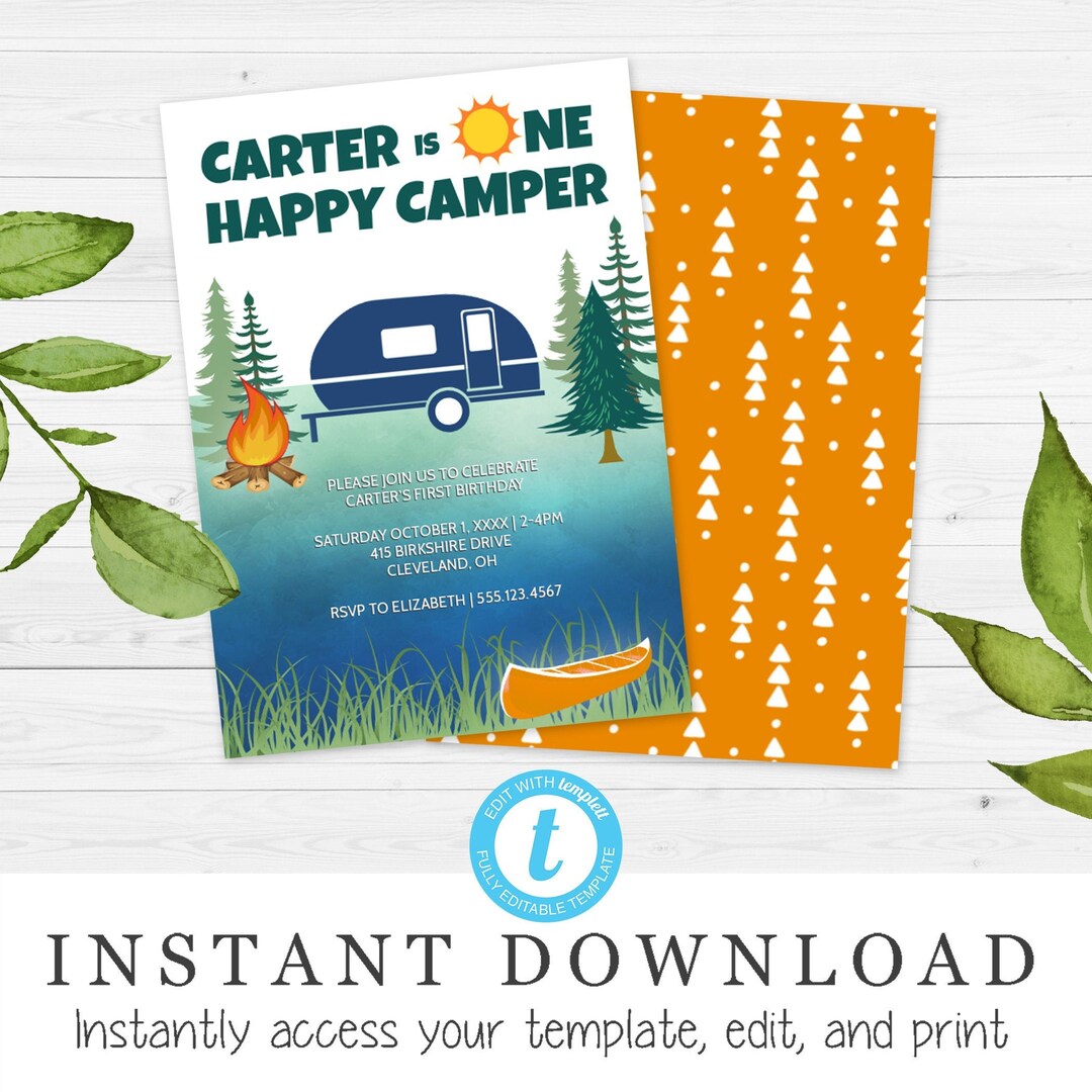 One Happy Camper Camping Theme Boys First Birthday Party | Editable ...