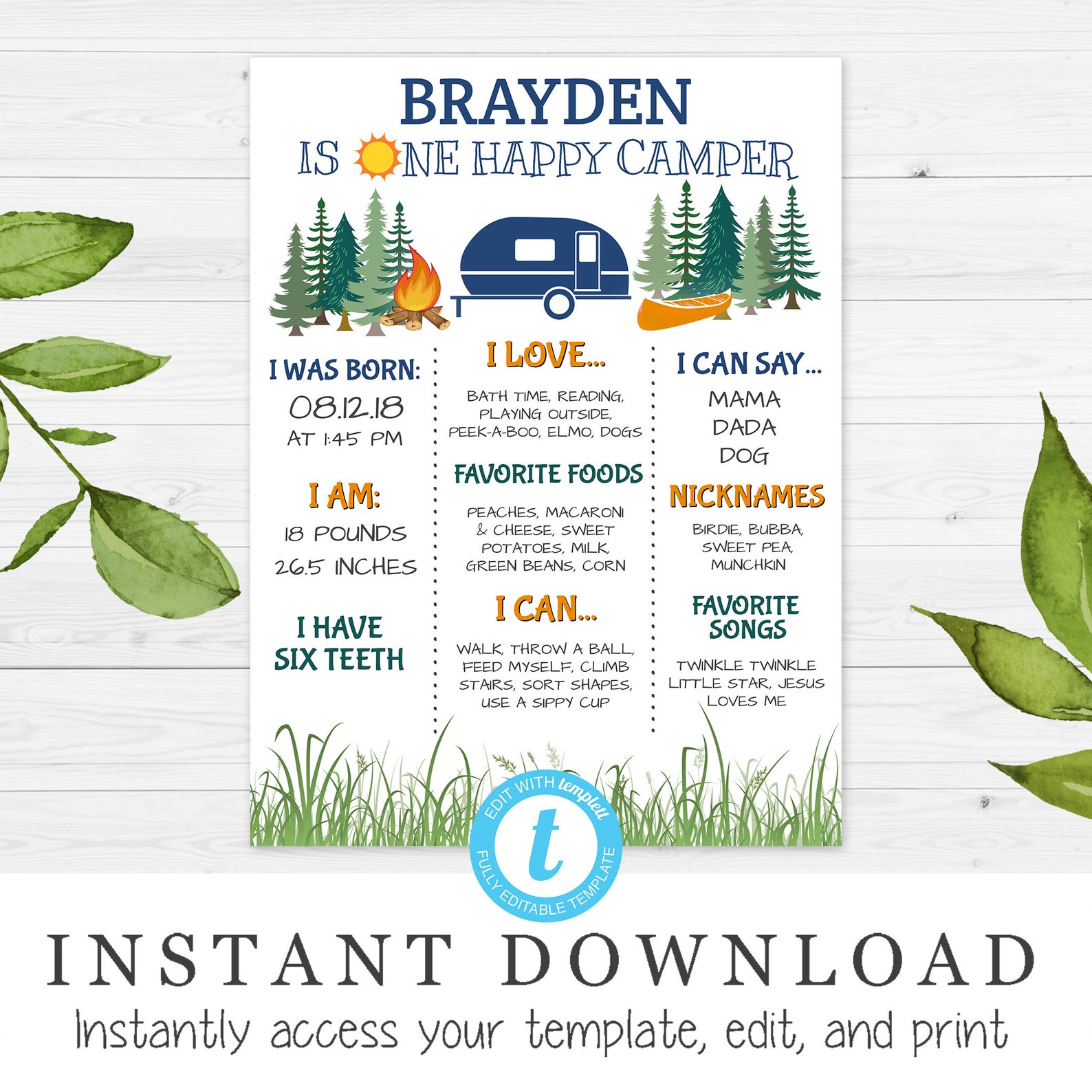 One Happy Camper Camping Theme Boys First Birthday Milestone | Etsy