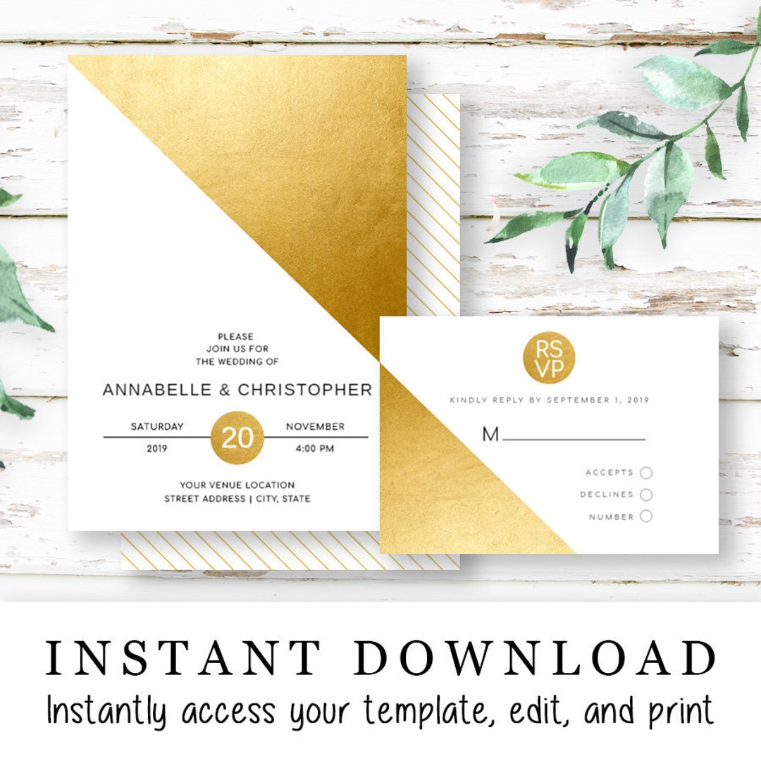 Gold Foil Diagonal Modern Wedding Collection | Editable Templett ...