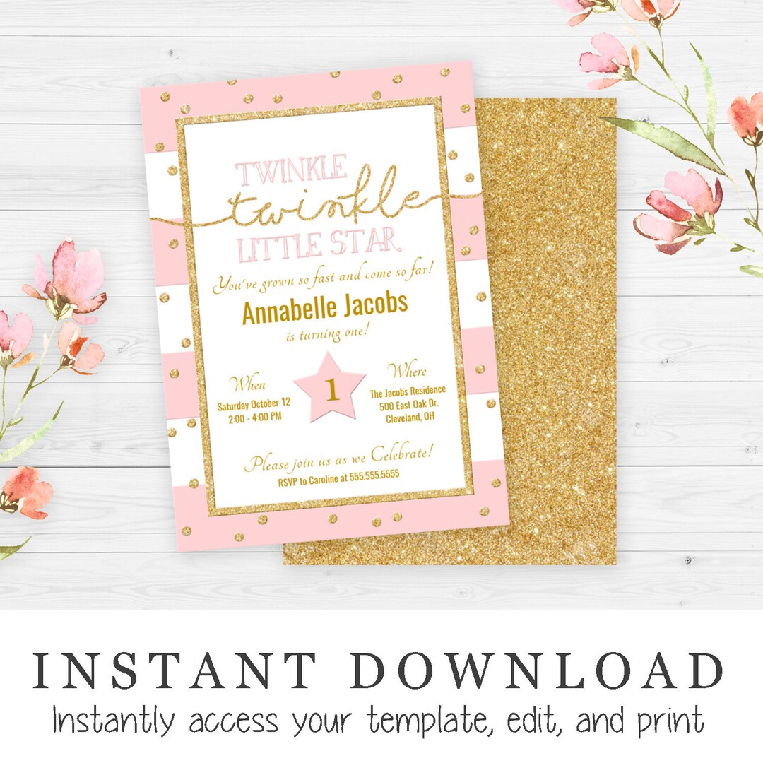 Twinkle Twinkle Pink and Gold Glitter Stripes Girls First Birthday ...