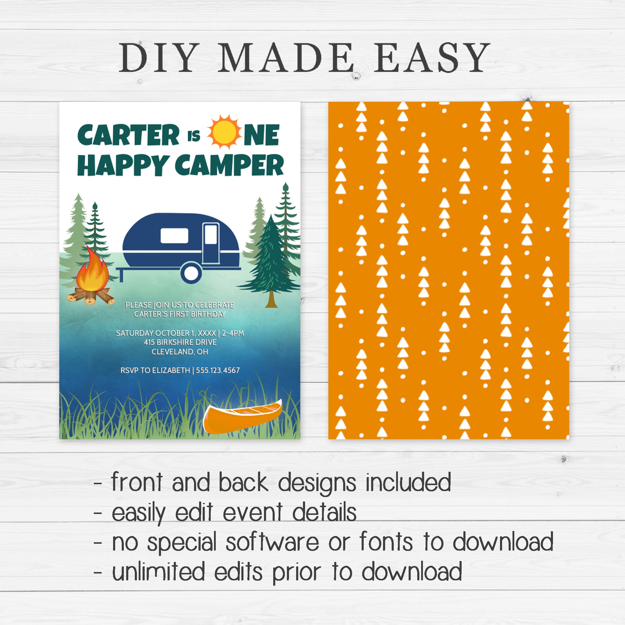 One Happy Camper Camping Theme Boys First Birthday Party | Editable ...