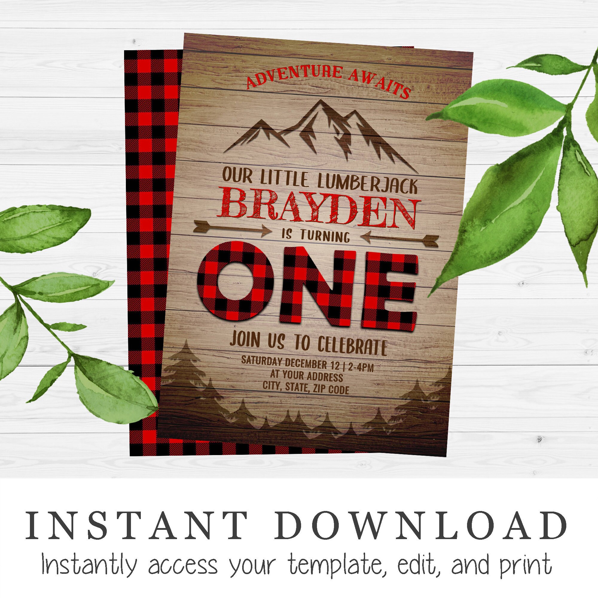 Lumberjack Buffalo Plaid Woodland Boys First Birthday Invitation ...