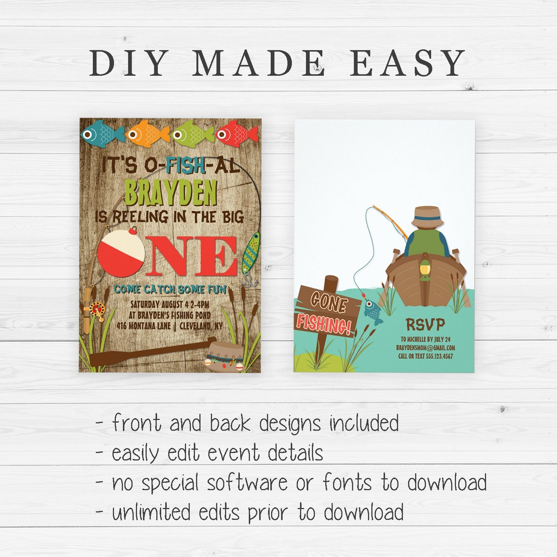 The Big One Fishing Theme Boys First Birthday Party | Editable Templett ...