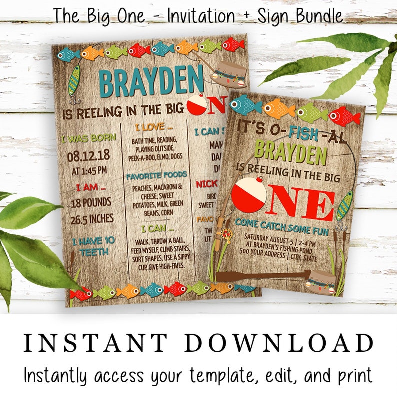 The Big One Fishing Theme Boys First Birthday Party Invitation Sign ...