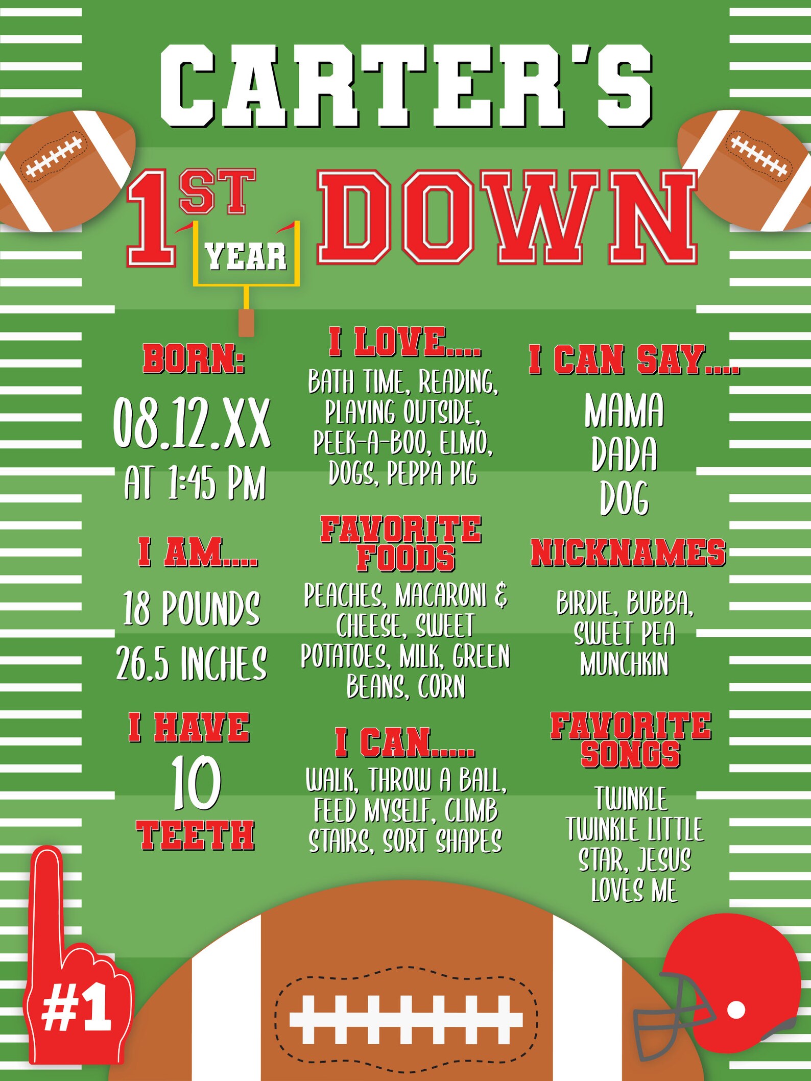 First Year Down Football Theme Boys First Birthday Milestone Sign - Red ...