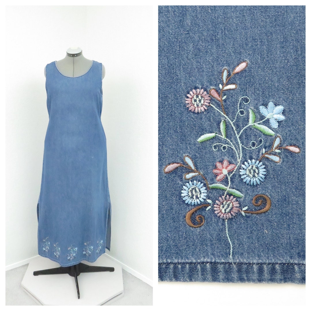 Vintage 90s Jane Ashley Denim Jumper Dress, Embroidered Floral Jumper ...