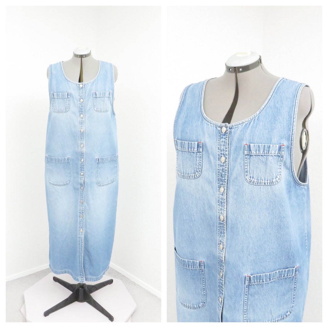 Vintage 90s Plus Size Denim Jumper Dress, Light Wash Faded Distressed ...