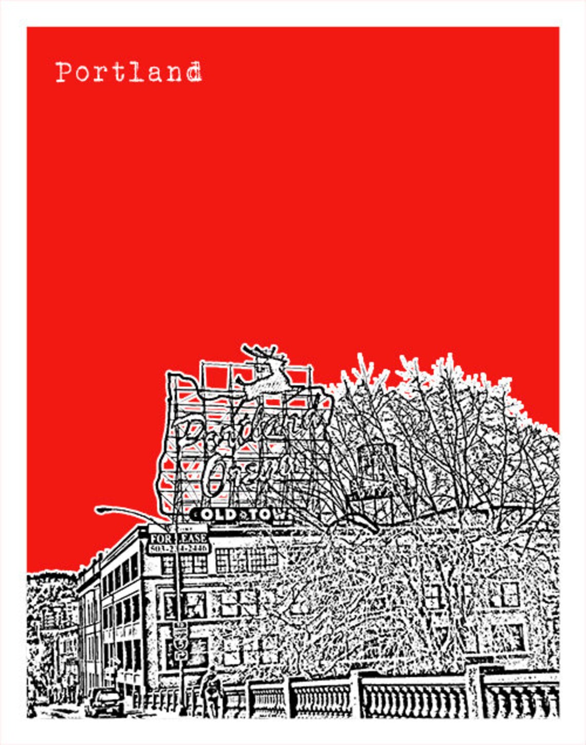 Portland Oregon White Stag Sign Poster Art City Skyline Print | Etsy