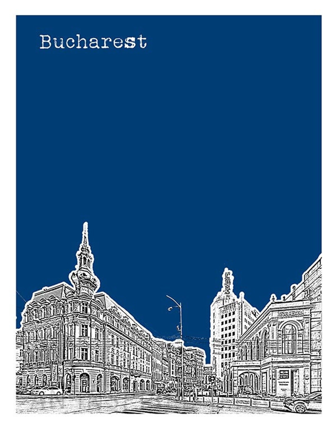 Bucharest Romania Skyline Art Print Poster Hotel Continental Calea ...