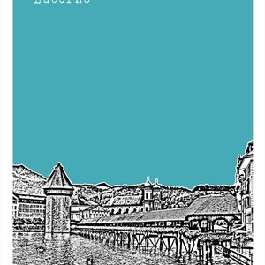 Lucerne Switzerland Skyline Poster Luzern Chapel Bridge Over the Reuss ...