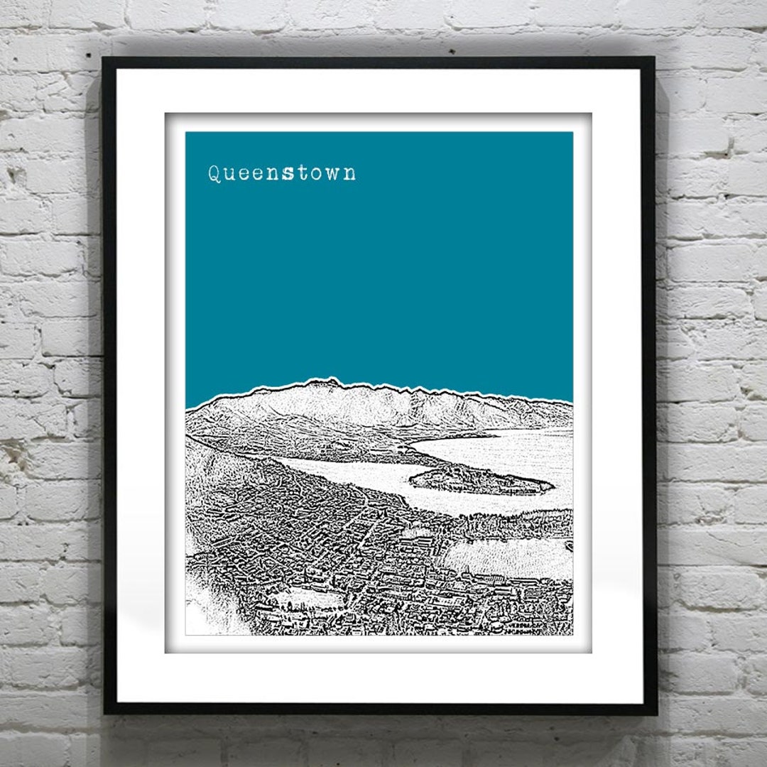 Queenstown New Zealand Poster Art Skyline Print Lake Wakatipu Version 1 ...