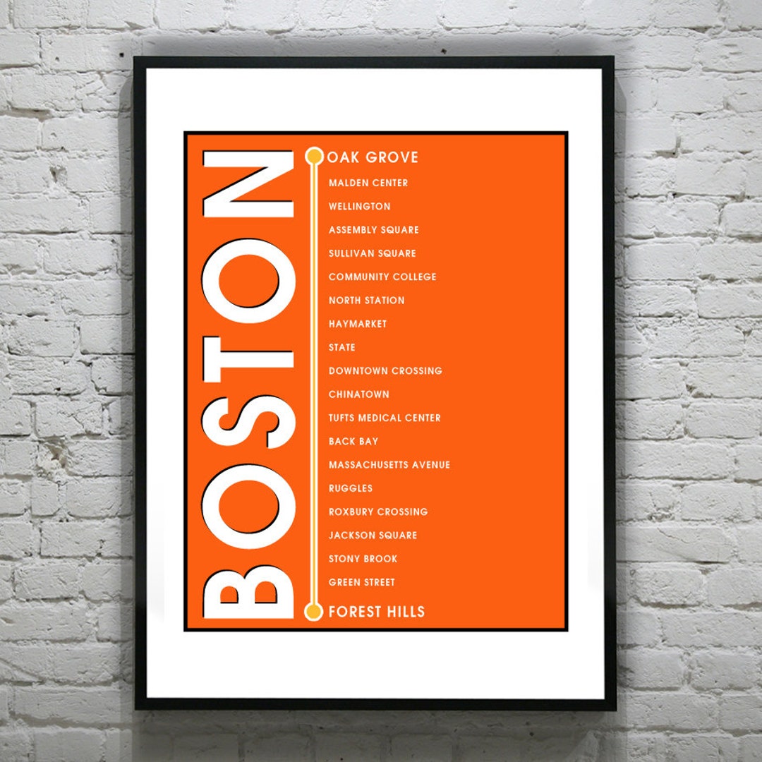 Boston T Orange Line Poster Art Print Back Bay Forest Hills Malden ...