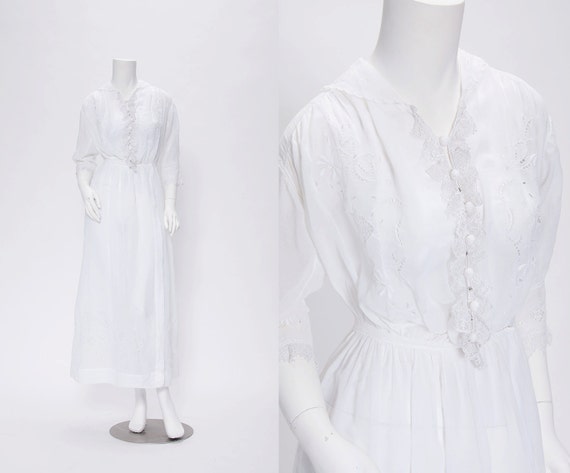 Edwardian Cotton Linen Dress With Lace Vintage 1900s Edwardian Cotton Linen Dress With Lace Vintage 1900s