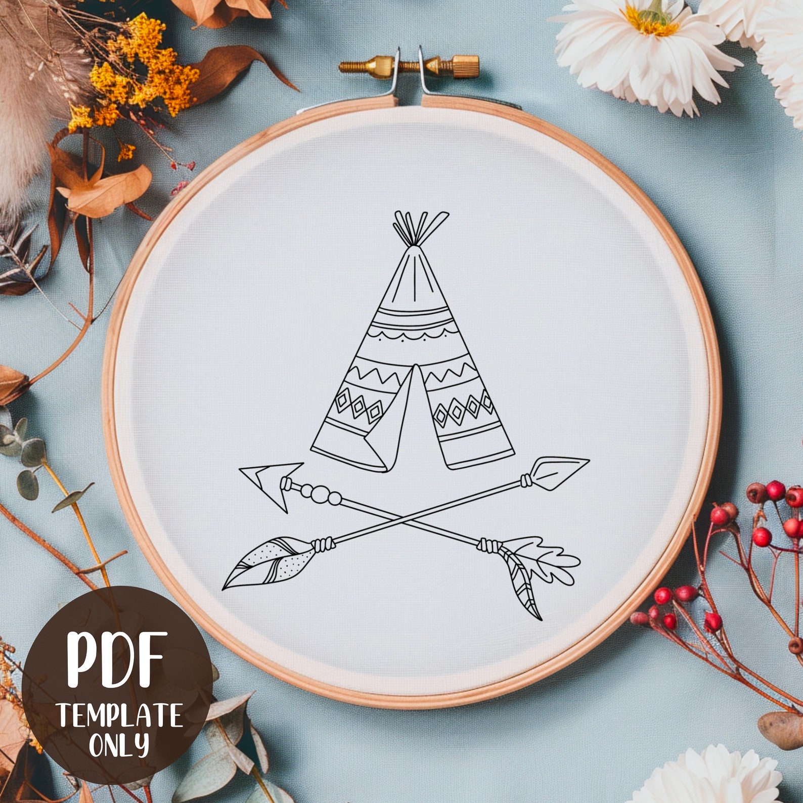 Boho Teepee Hand Embroidery Template - PDF Template - DIY Hoop Art ...