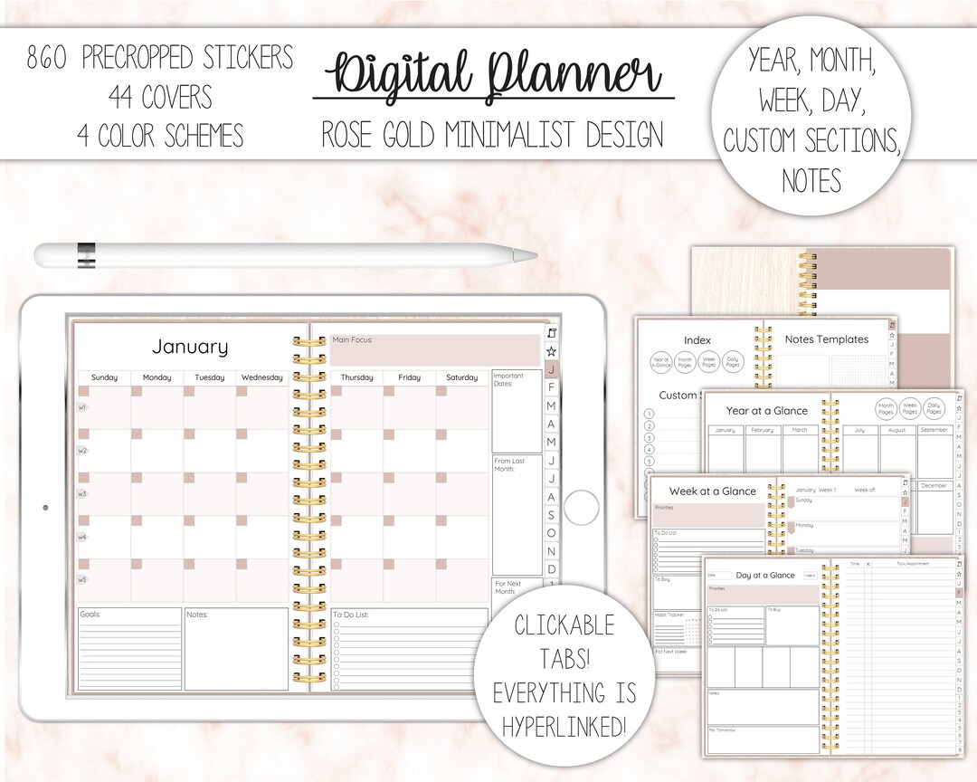 Rose Gold Undated Digital Planner With Hyperlinks - 4 Color Variations ...