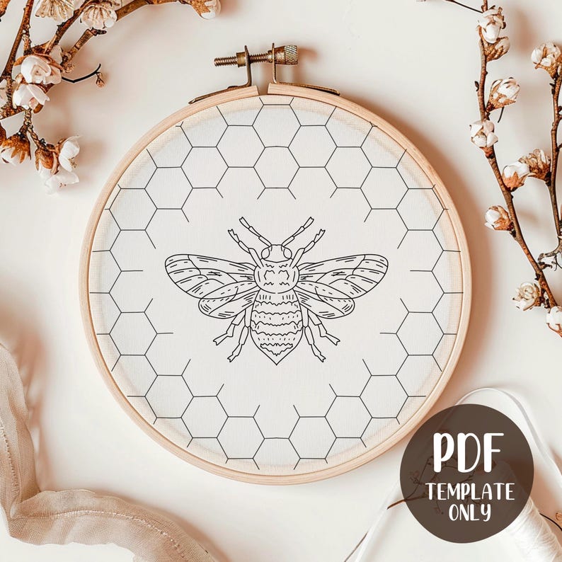 Bee and Honeycomb Hand Embroidery Template - PDF Embroidery Pattern ...
