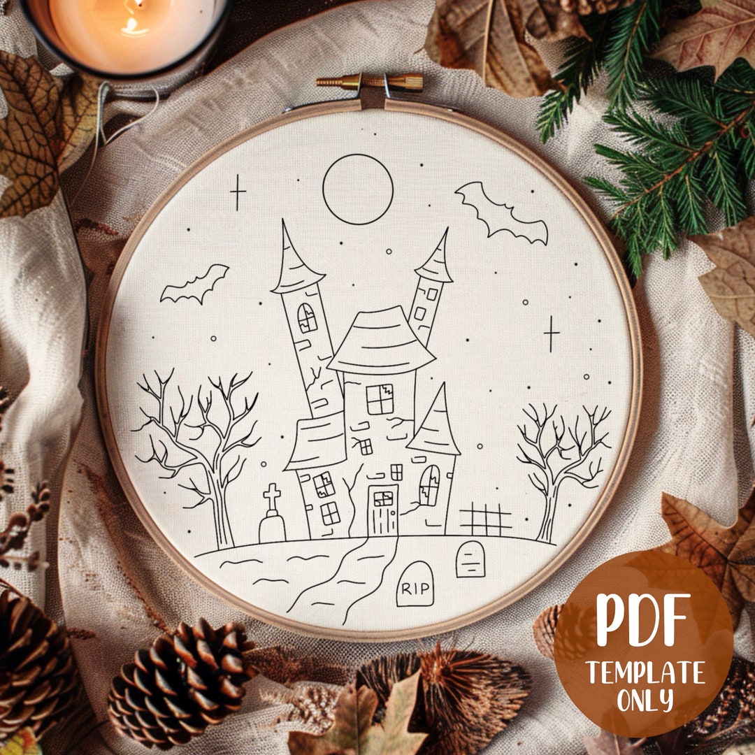 Haunted House Hand Embroidery Template - Autumn Embroidery - Embroidery ...
