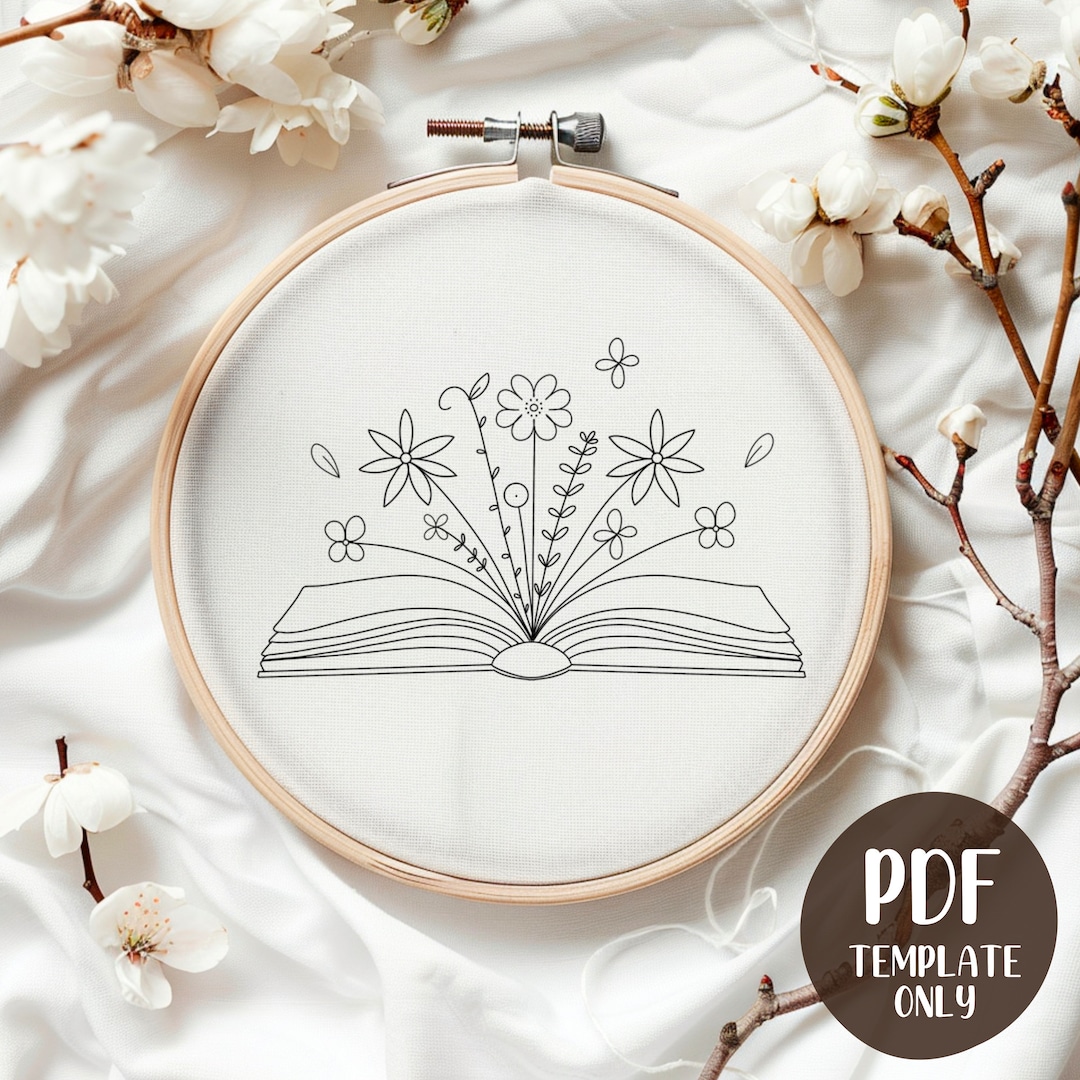 Open Book and Flowers Embroidery Template - Doodle Embroidery - PDF ...