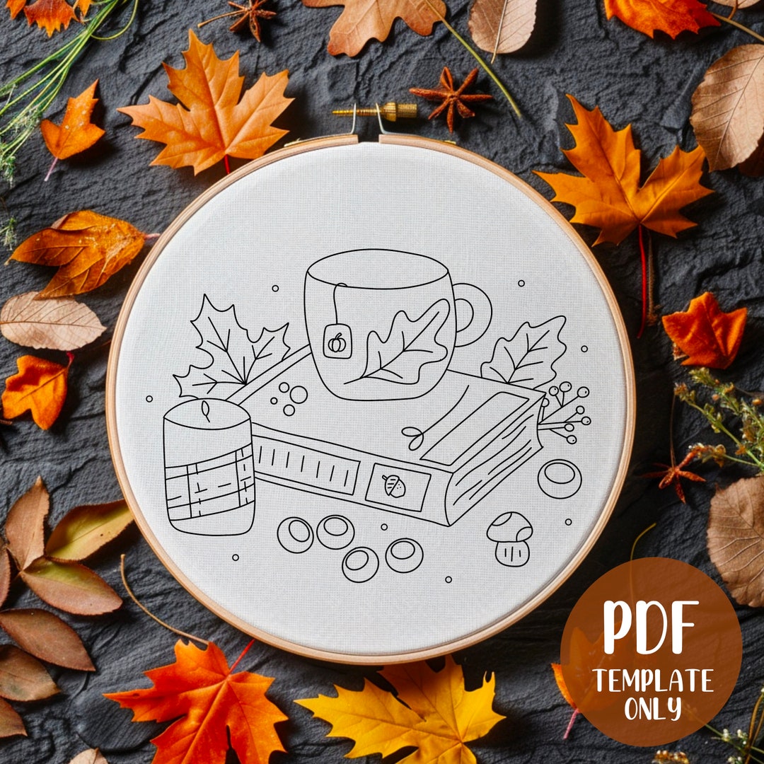 Autumn Book Stack Hand Embroidery Template - Autumn Embroidery - DIY ...
