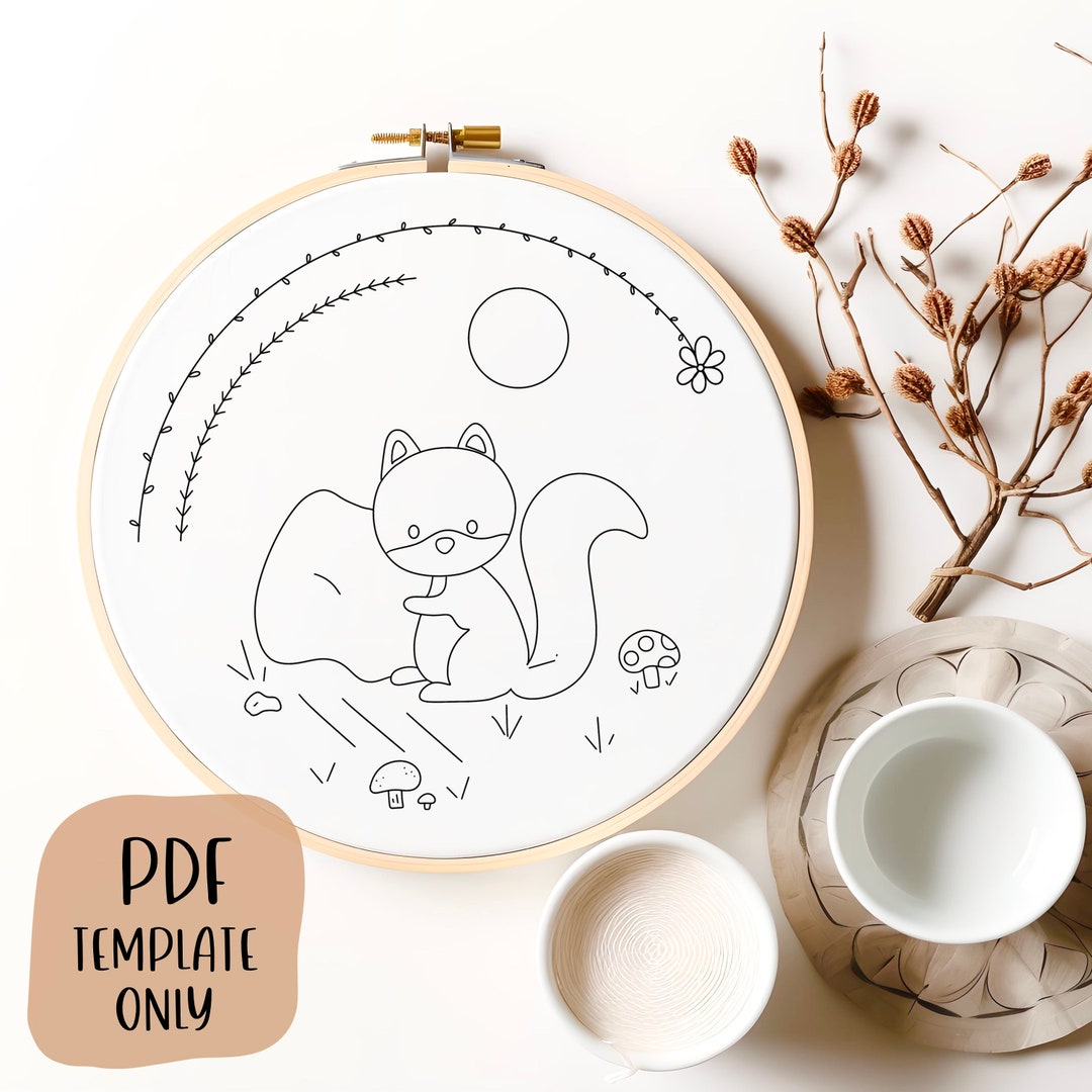 Squirrel Hand Embroidery Template - Cute Woodland Embroidery ...