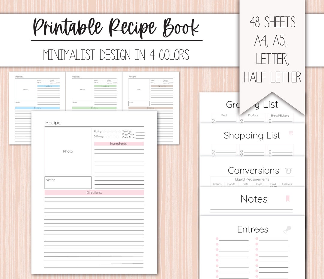 Printable Recipe Book, 48 Sheets, 4 Colors in 4 Sizes, Letter A4 A5 and ...