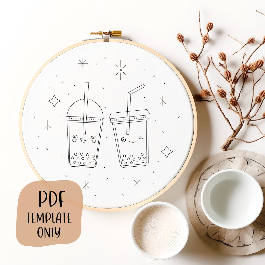 Kawaii Boba Drinks Hand Embroidery Template - Cute Embroidery - DIY ...