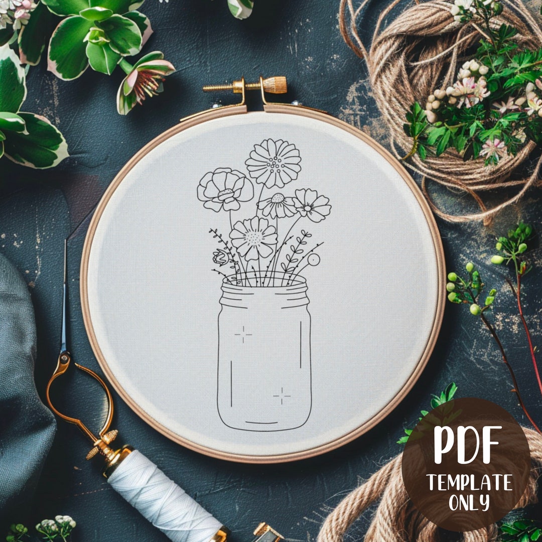 Flower in Jar Embroidery Template - Doodle Embroidery - PDF Template ...