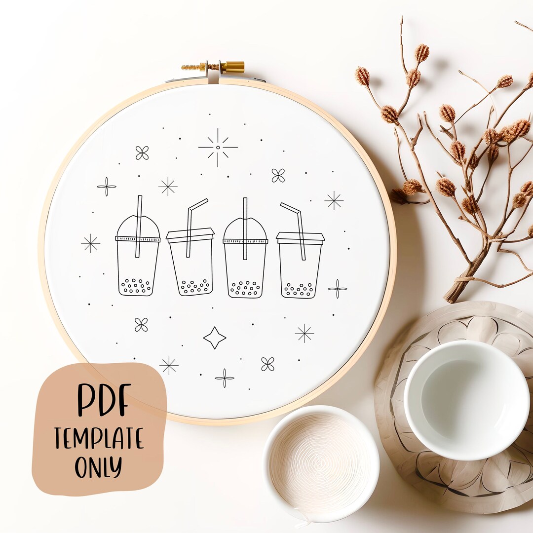 Boba Drinks Hand Embroidery Template - Cute Embroidery - DIY Hoop Art ...