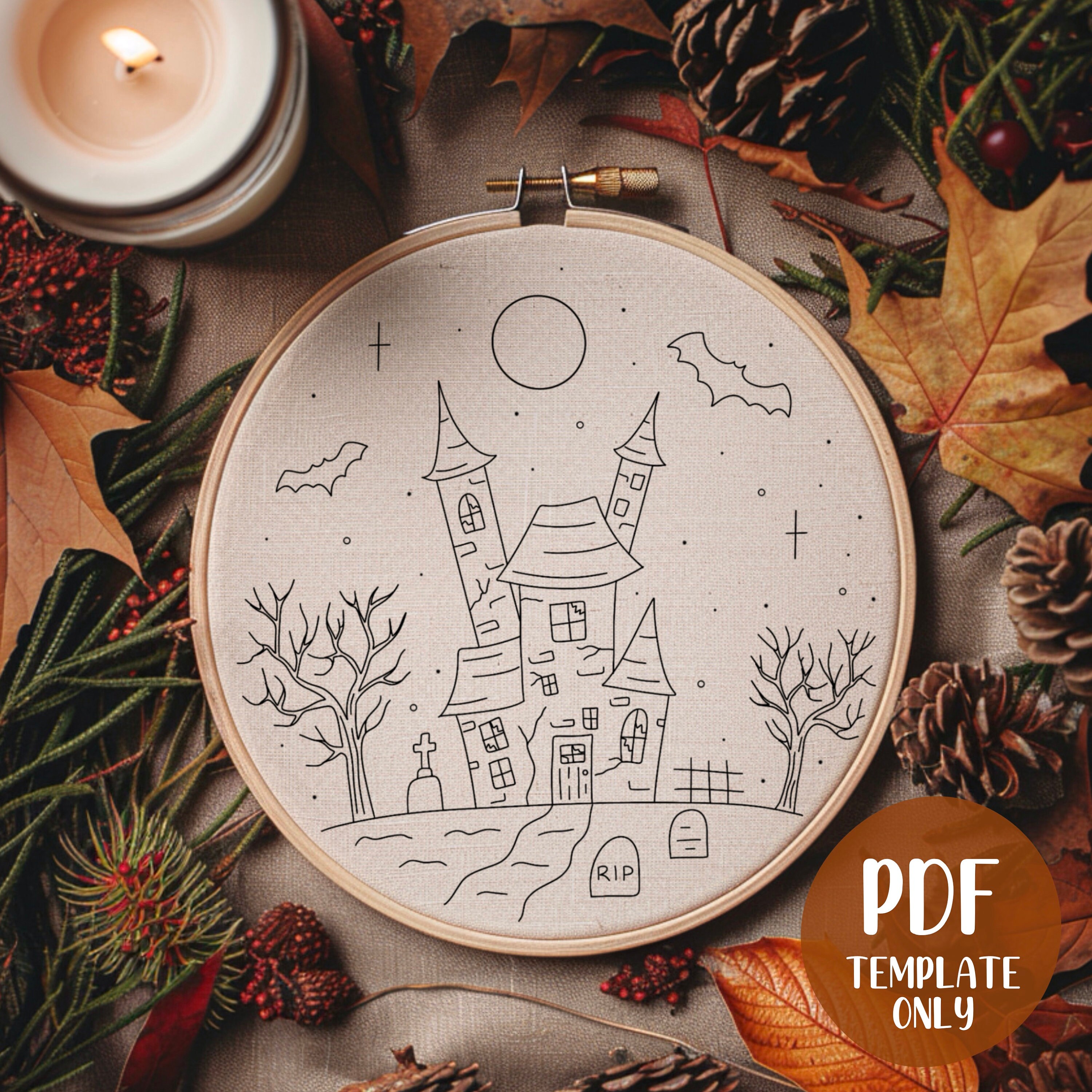 Haunted House Hand Embroidery Template - Autumn Embroidery - Embroidery ...