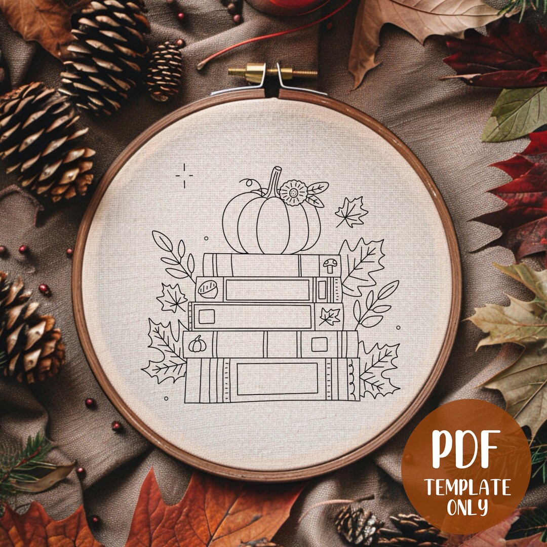 Autumn Book Stack Hand Embroidery Template - Autumn Embroidery - DIY ...