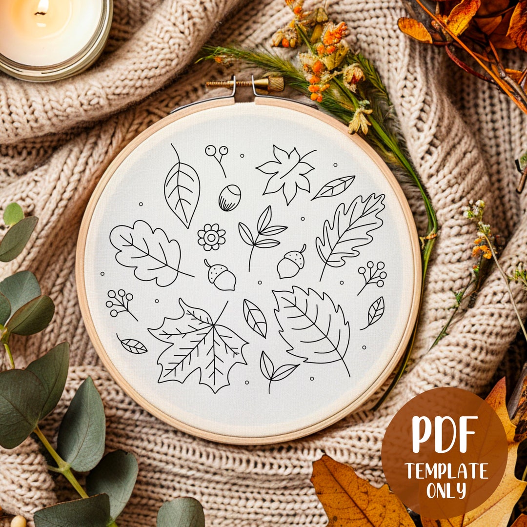 Autumn Leaves Hand Embroidery Template - Fall Embroidery - DIY Hoop Art ...