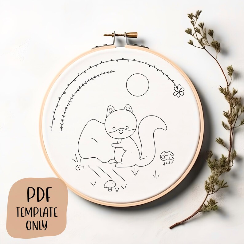 Squirrel Hand Embroidery Template - Cute Woodland Embroidery ...