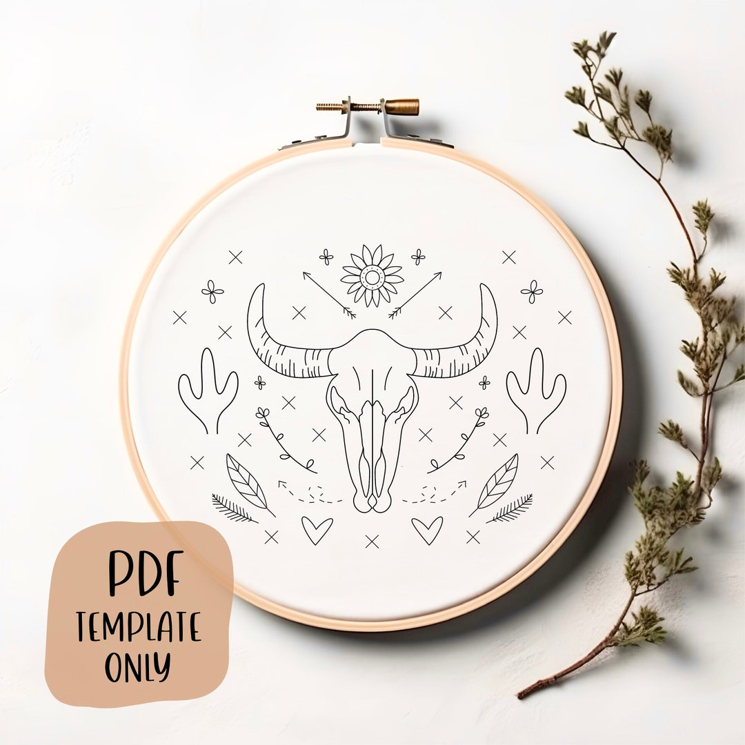 Boho Hand Embroidery Template - Cow Skull Embroidery - PDF Template ...