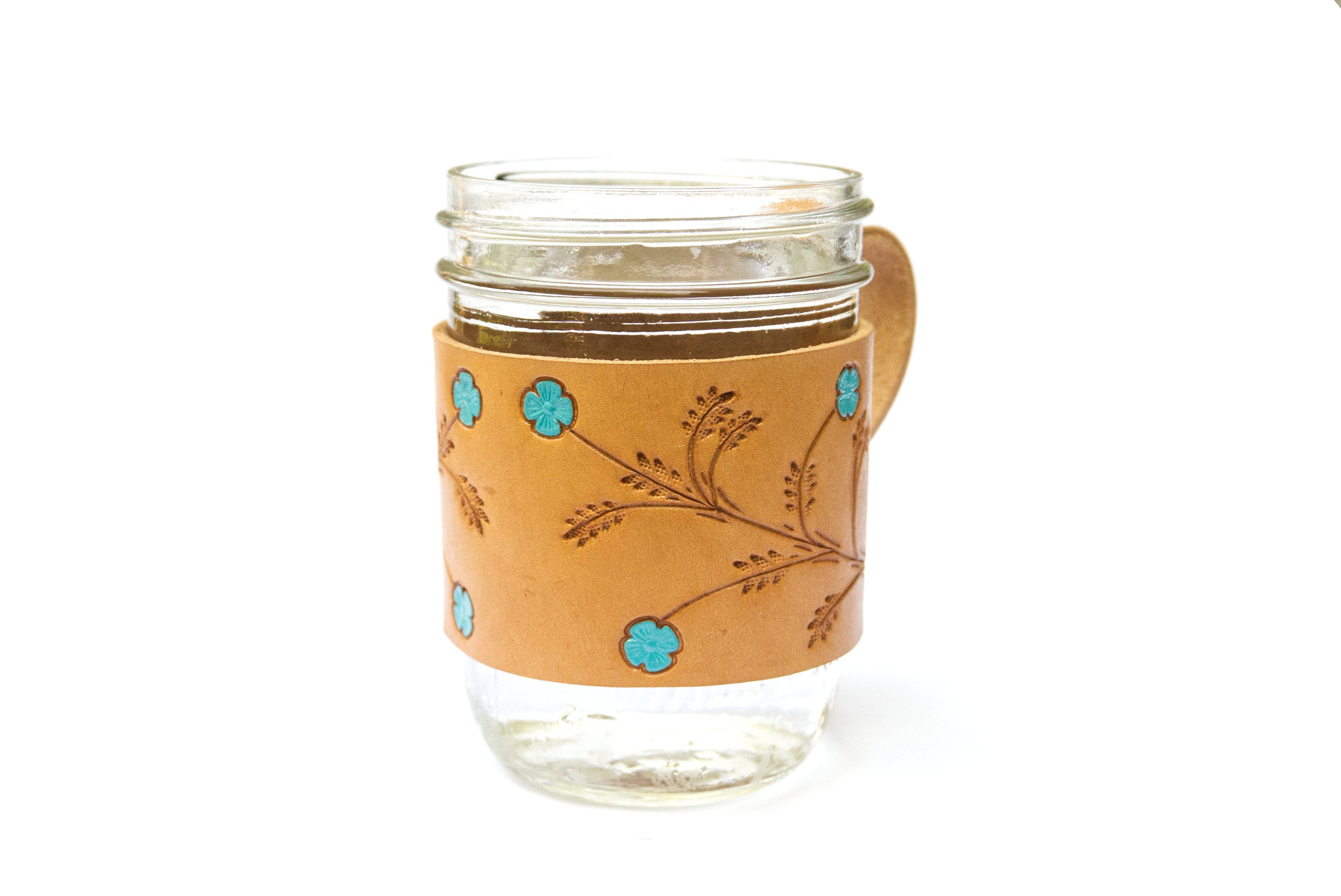 Floral Leather Glass Mason Jar Handle Sleeve Holder Grip Mug Cozy for ...