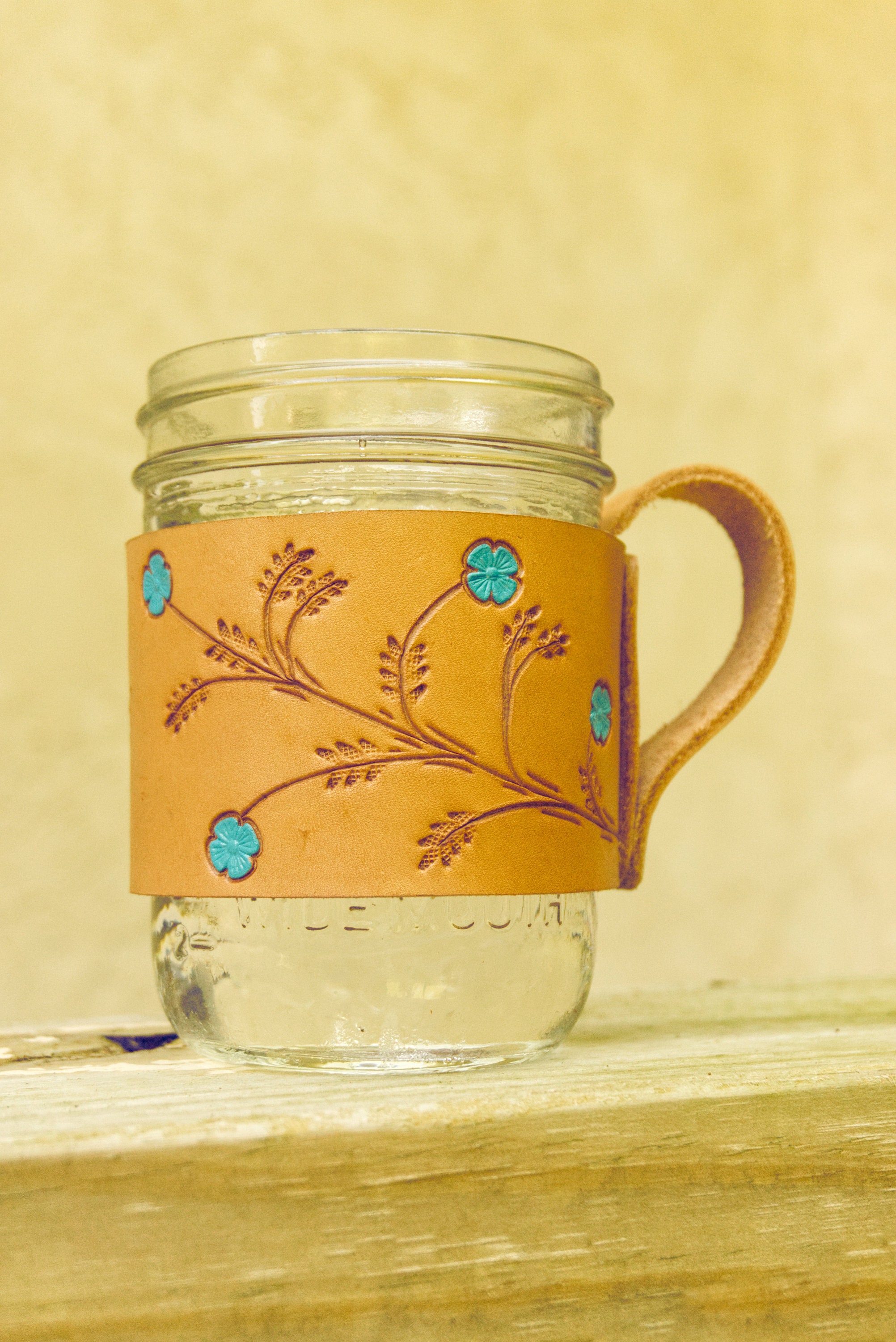 Floral Leather Glass Mason Jar Handle Sleeve Holder Grip Mug Cozy for ...