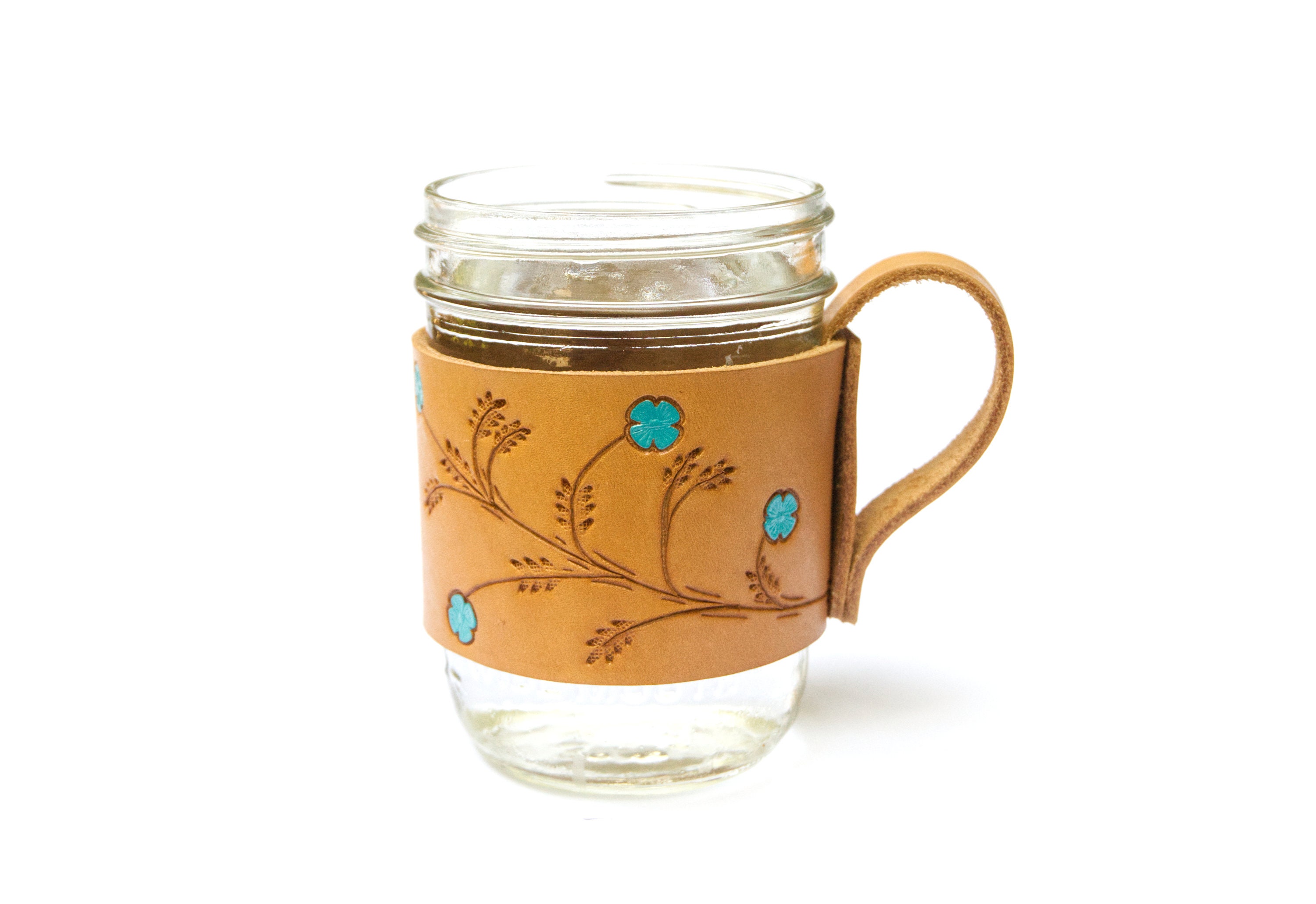 Floral Leather Glass Mason Jar Handle Sleeve Holder Grip Mug Cozy for ...