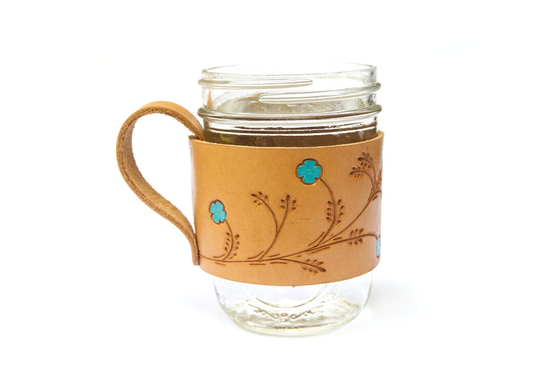 Floral Leather Glass Mason Jar Handle Sleeve Holder Grip Mug Cozy for ...