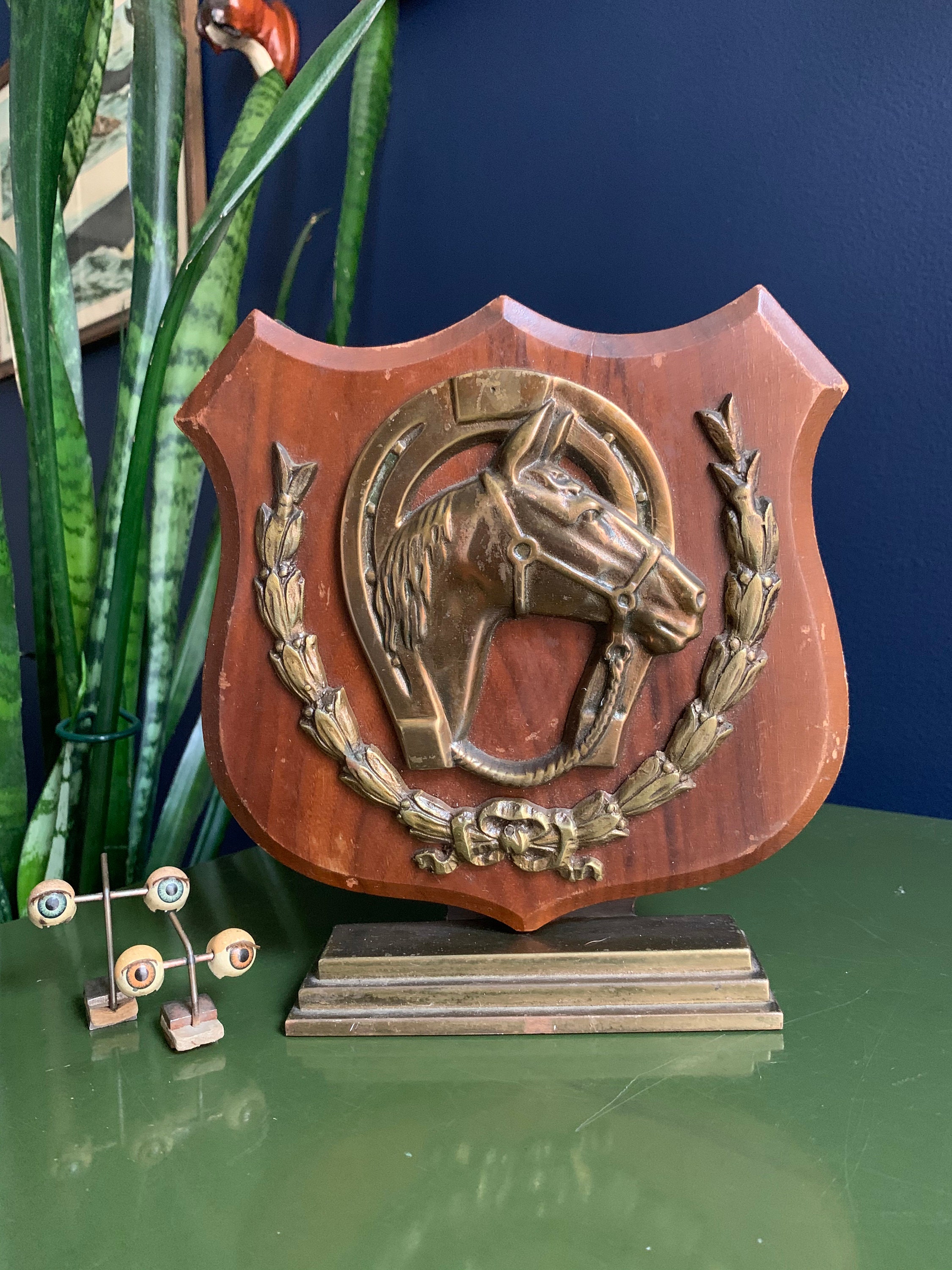 Vintage Horse Plaque Trophy With Bronze & Brass Castings