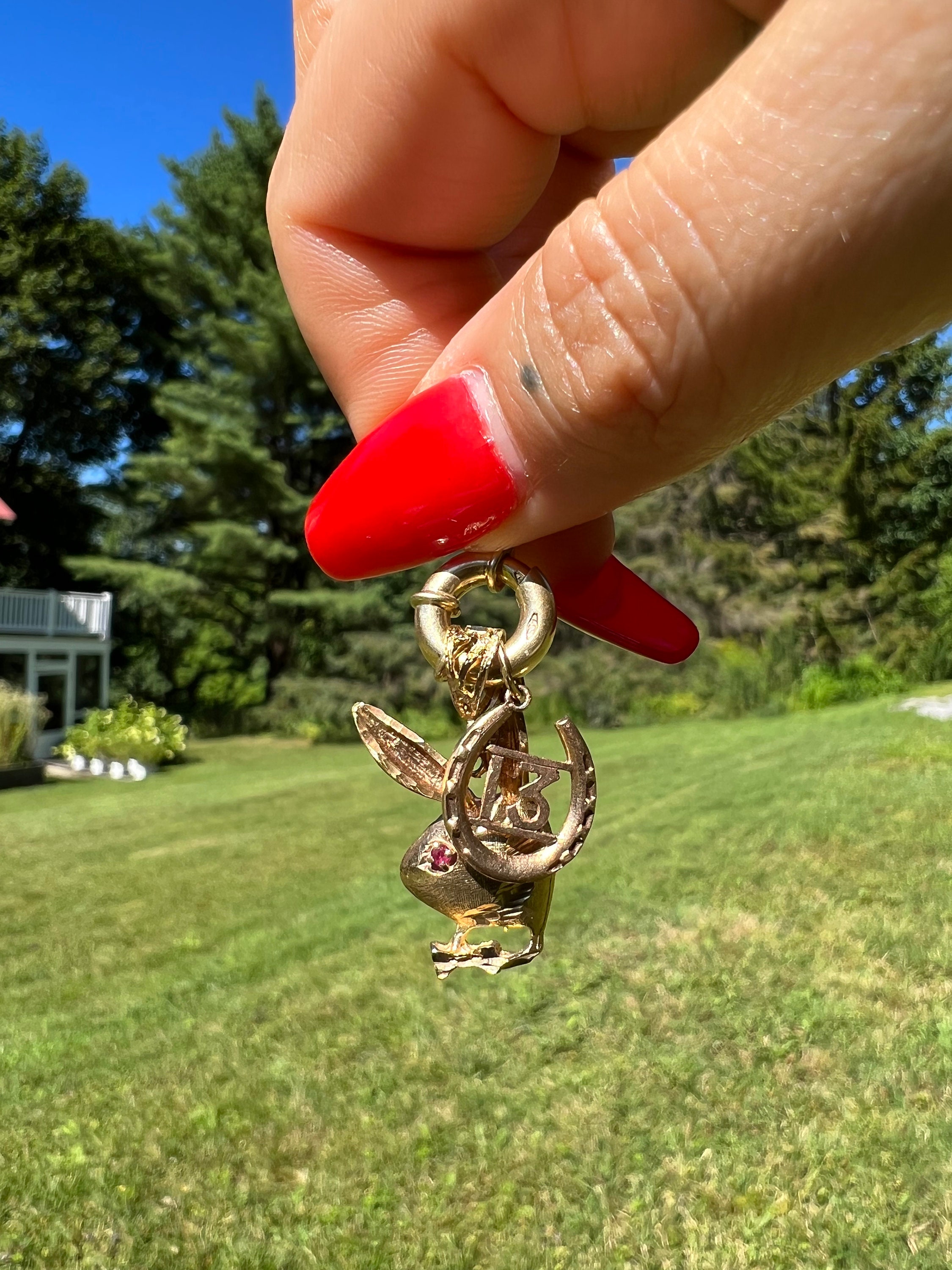 Large Vintage 14k Yellow Gold Ruby Eye Playboy Charm