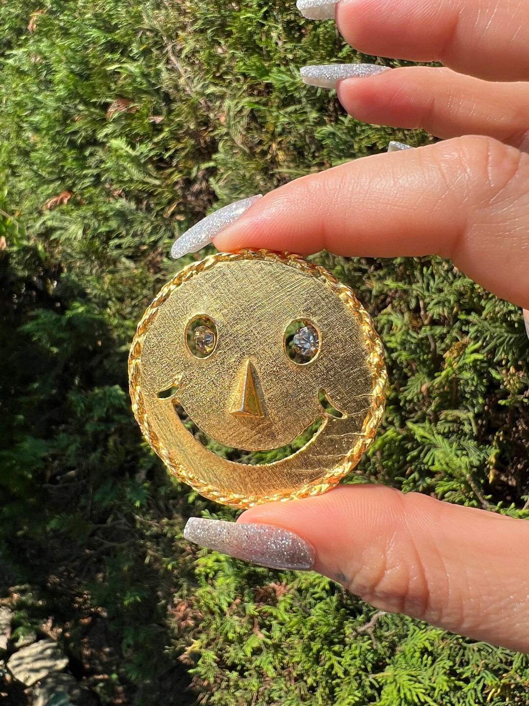 Large Vintage Smiley Face Medallion Pendant Brooch With Dangly ...