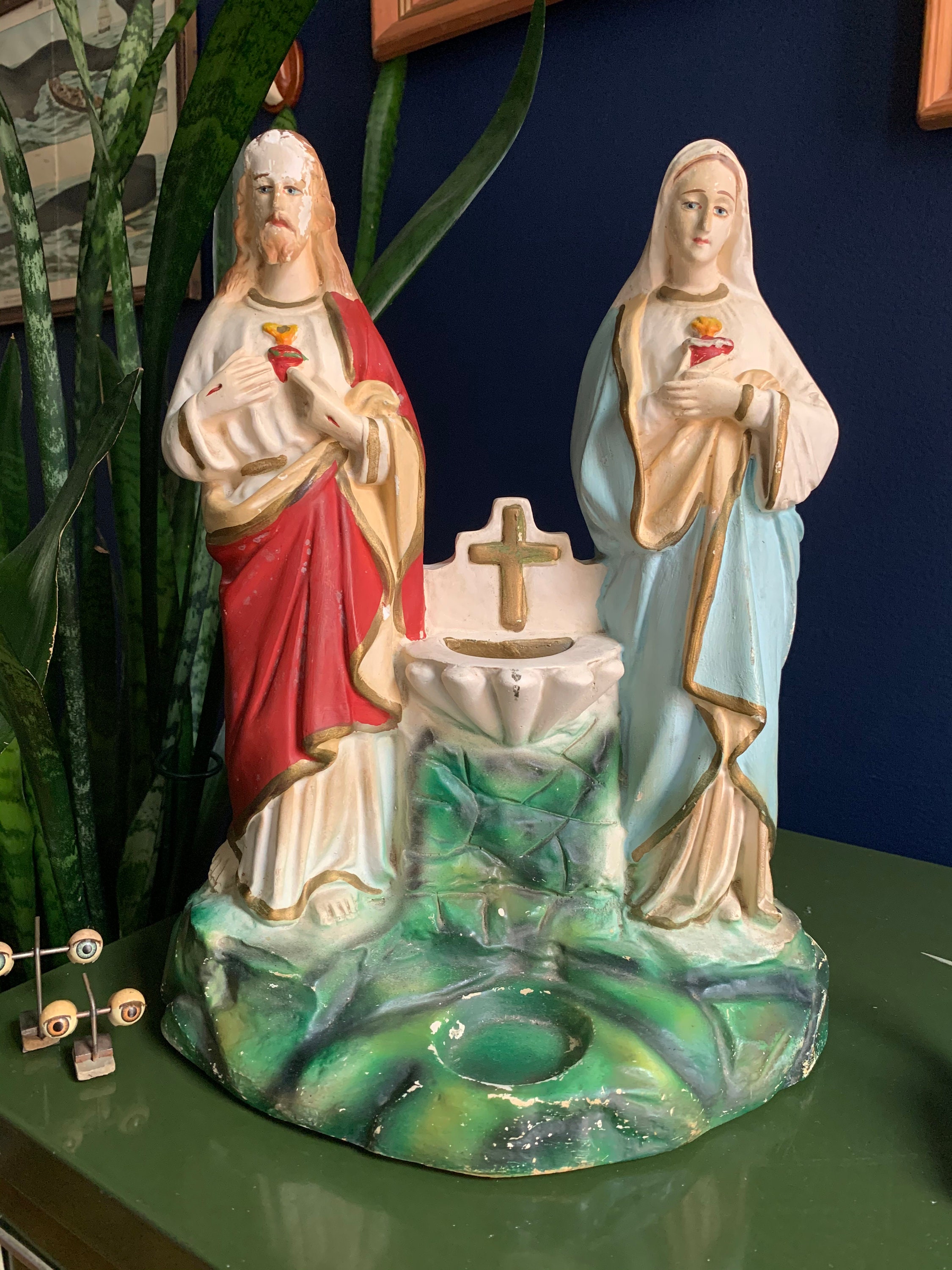 Jesus & Mary Chalkware Altar Statue With Holy Water Font And Candle Holder