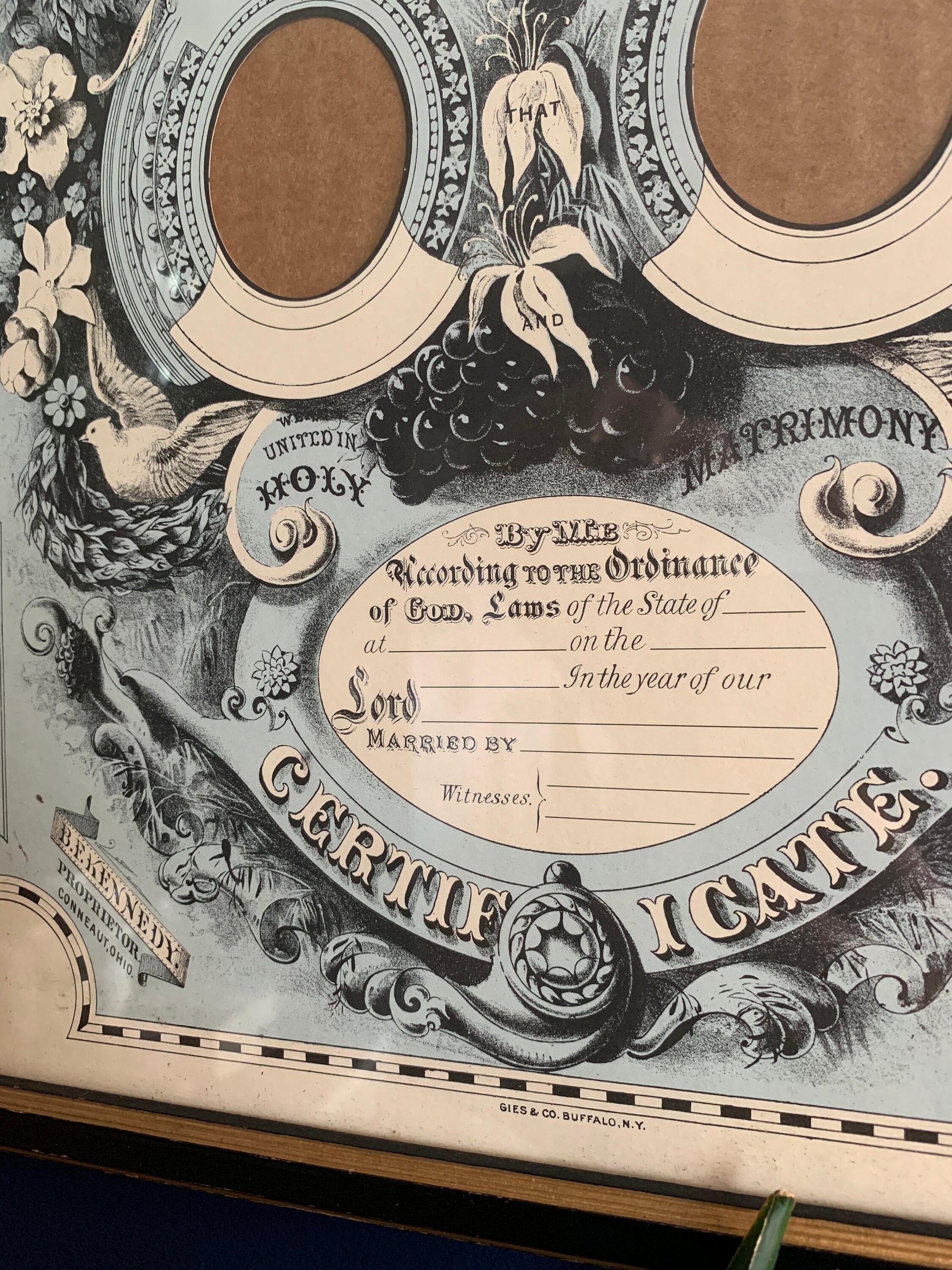 Vintage Un-Used Marriage Certificate In Original Frame