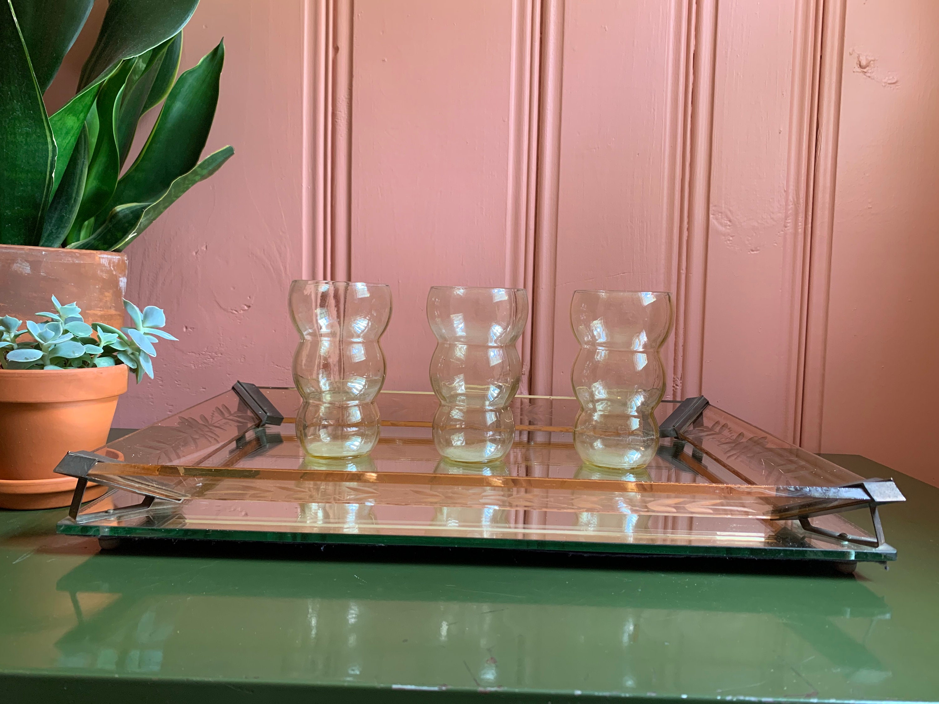 Art Deco Mirror Display Tray With Pink Etched Glass Panels