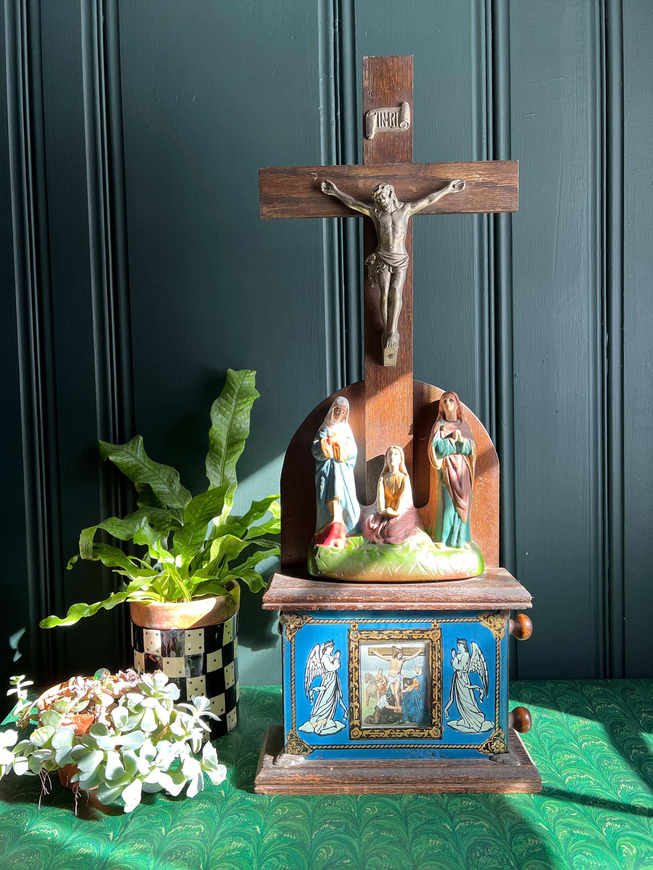 Antique Religious Shrine With Reverse Painted Glass, Chalkware Marys ...
