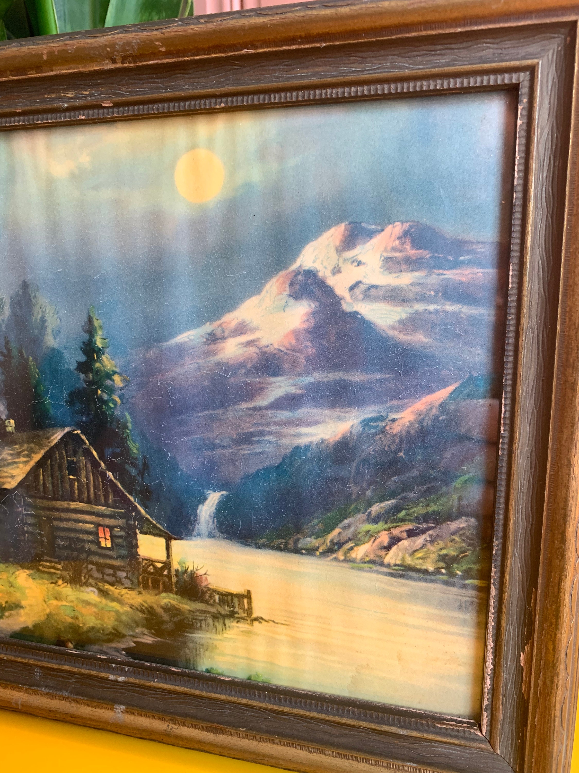 Vintage Log Cabin Lithograph In Original Wood Frame