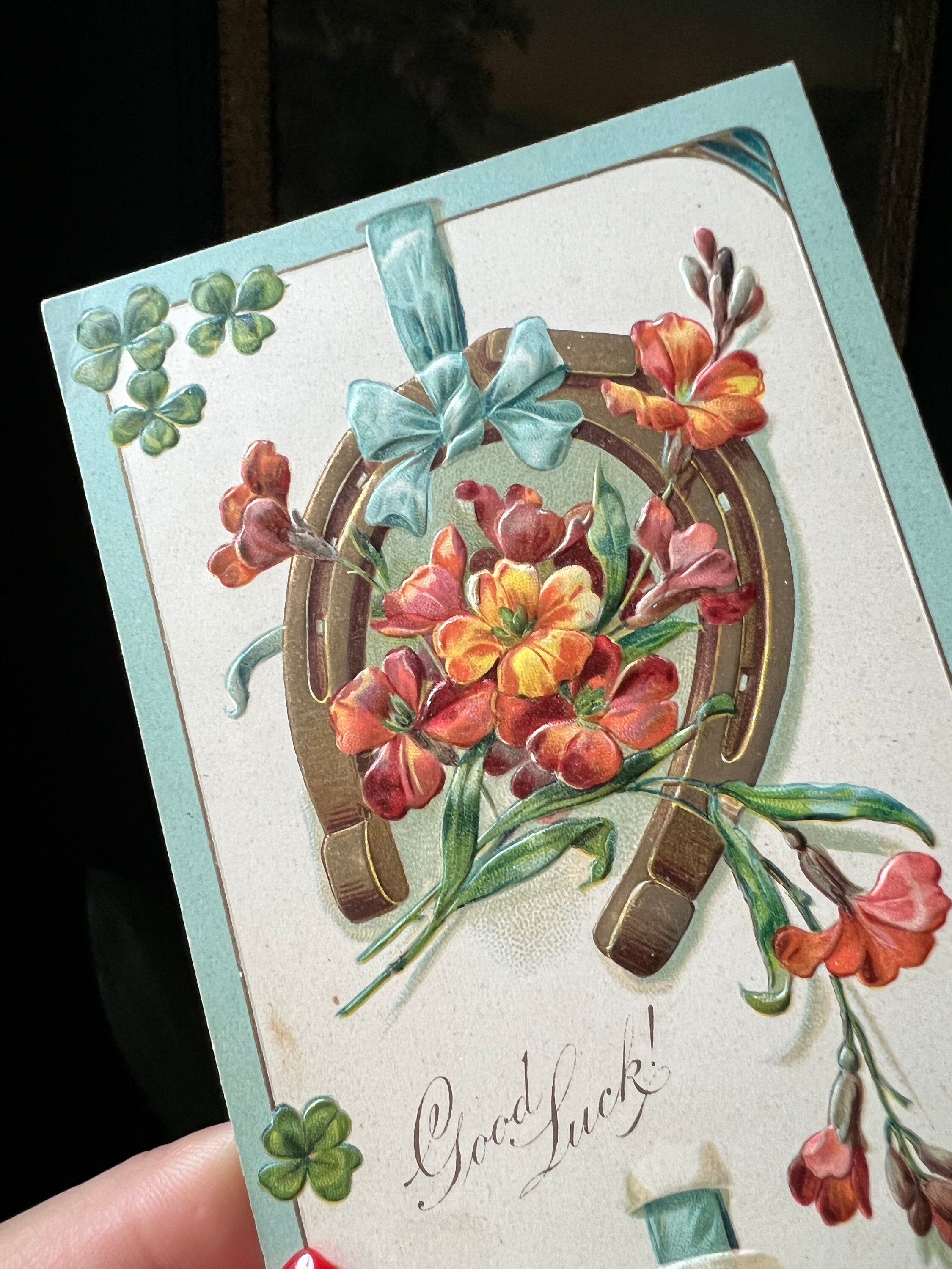Antique “Good Luck” Post Card With Embossed Horseshoe, Flowers, Clovers ...